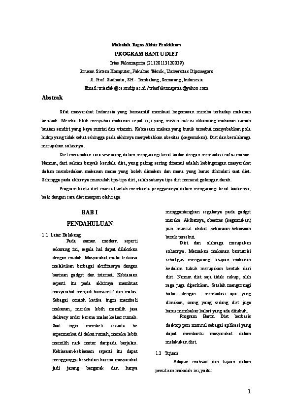 (DOC) Makalah Tugas Akhir Dasar Komputer dan Pemrograman - Program Diet dengan Visual Studio