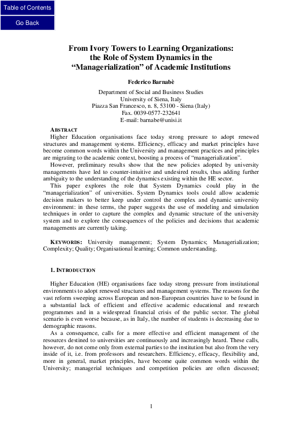 (PDF) From Ivory Towers to Learning Organizations: the Role of System ...