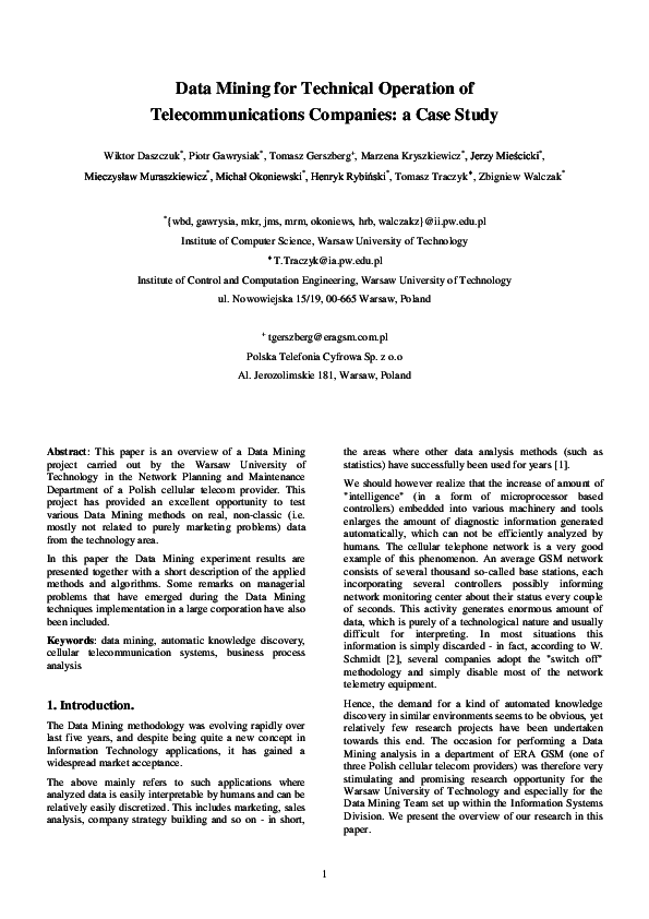(PDF) Data Mining for Technical Operation of Telecommunications ...