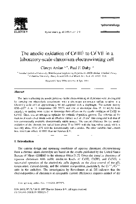 Pdf The Anodic Oxidation Of Cr Iii To Cr Vi In A Laboratory Scale Chromium Electrowinning Cell