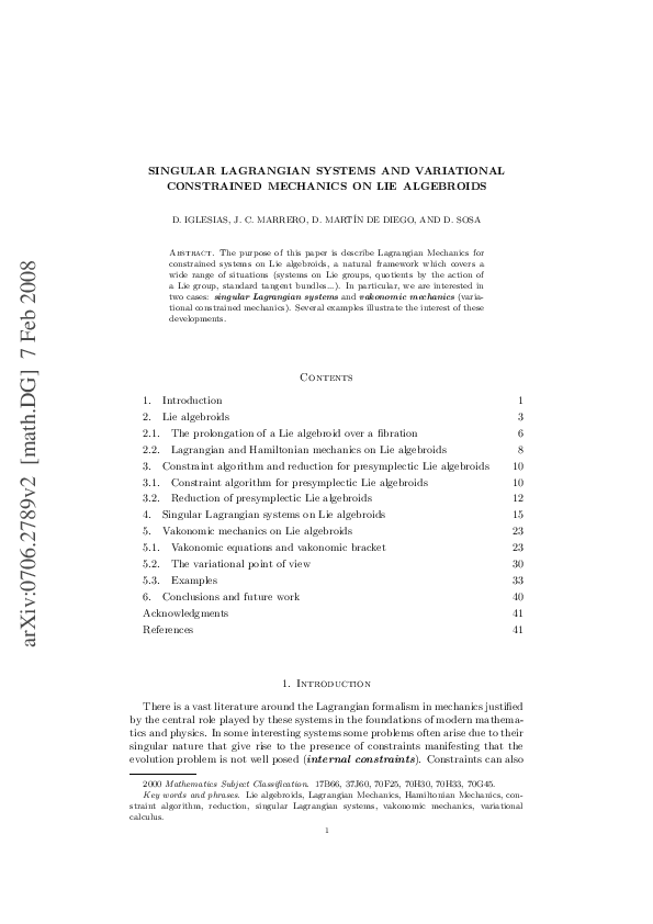 (PDF) Singular Lagrangian systems and variational constrained mechanics on Lie algebroids