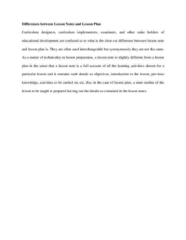 (DOC) Differences between Lesson Notes and Lesson Plan