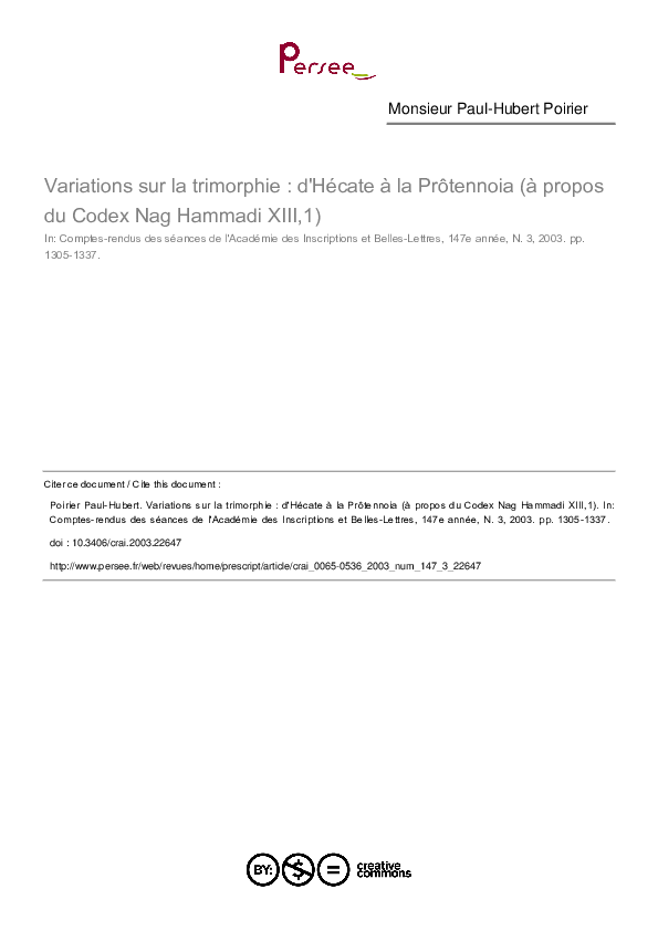 (PDF) Variations sur la trimorphie. D’Hécate à la Prôtennoia (à propos ...