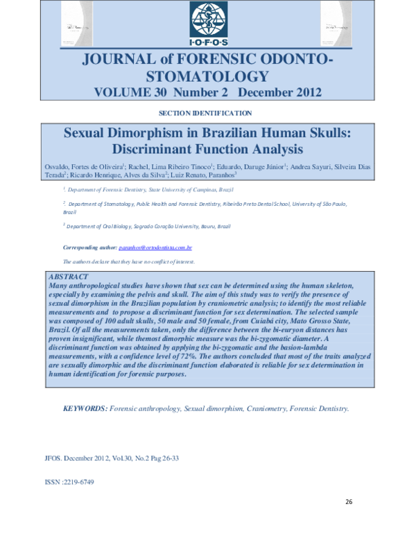 Pdf Sexual Dimorphism In Brazilian Human Skulls Discriminant Function Analysis