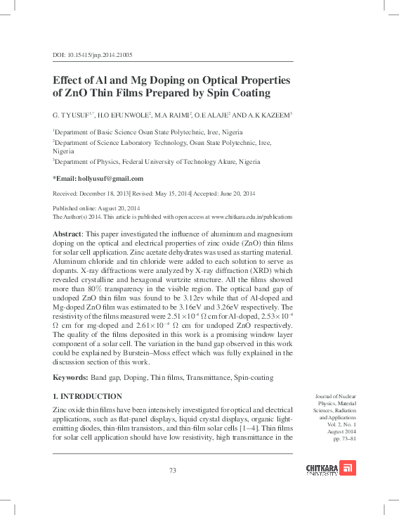 (PDF) Effect of Al and Mg Doping on Optical Properties of ZnO Thin Films Prepared by Spin Coating