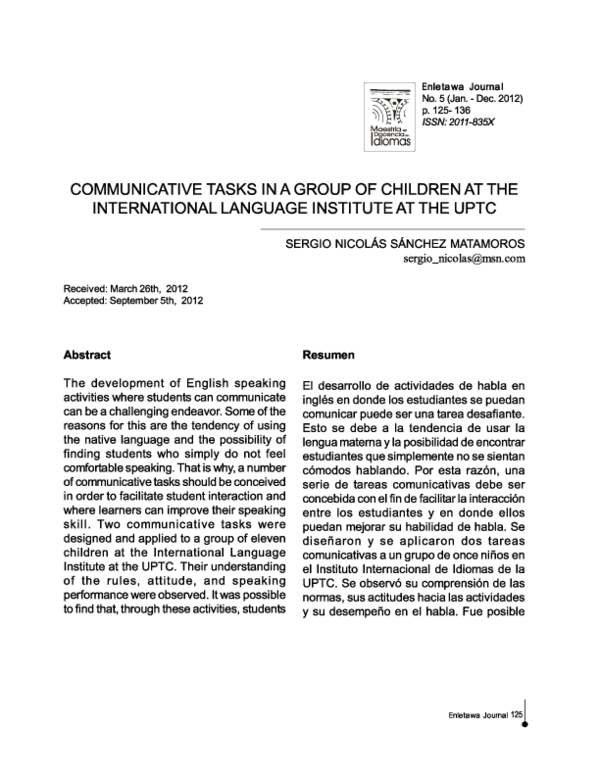 (PDF) COMMUNICATIVE TASKS IN A GROUP OF CHILDREN AT THE INTERNATIONAL LANGUAGE INSTITUTE AT THE UPTC