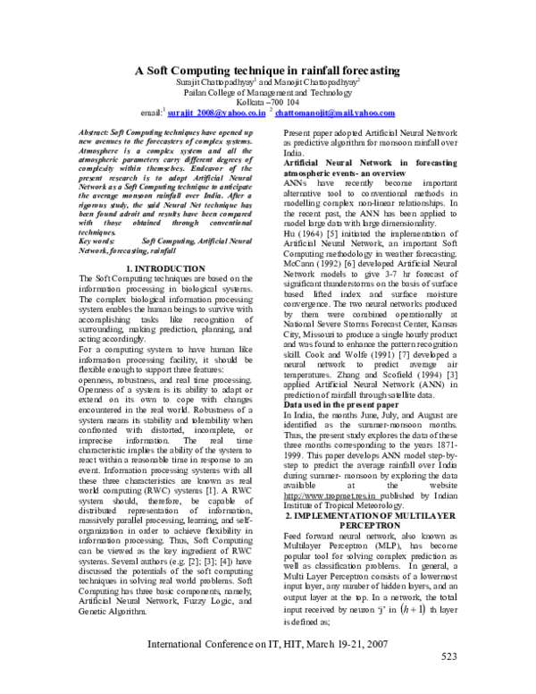 Pdf A Soft Computing Technique In Rainfall Forecasting