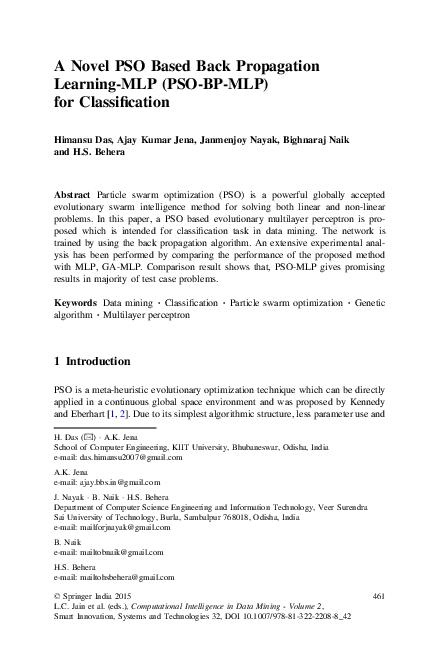 (PDF) A Novel PSO Based Back Propagation Learning-MLP (PSO-BP-MLP) for Classification