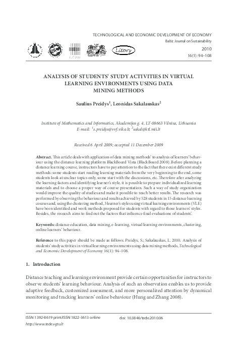 (PDF) Analysis of students’ study activities in virtual learning environments using data mining ...