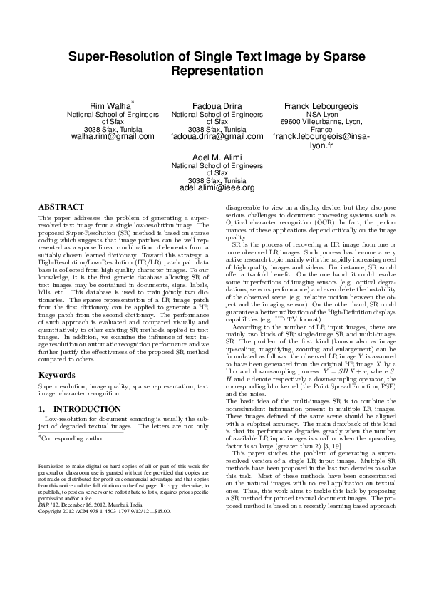 Pdf Super Resolution Of Single Text Image By Sparse Representation