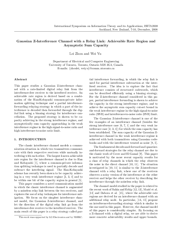 (PDF) Gaussian Z-interference channel with a relay link: Achievable rate region and asymptotic ...