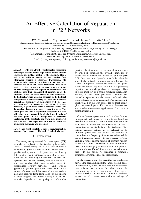 Pdf An Effective Calculation Of Reputation In P2p Networks