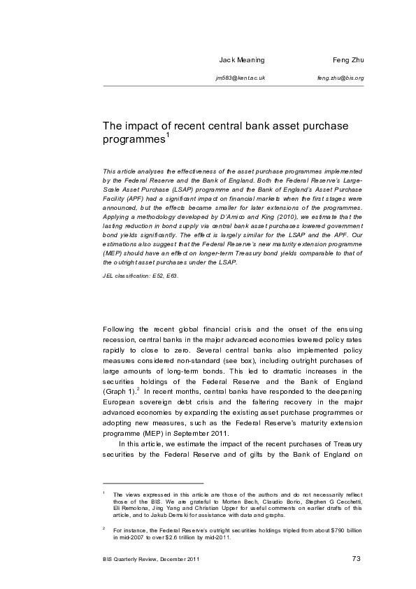 (PDF) The impact of recent central bank asset purchase programmes