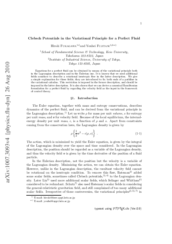 (PDF) Clebsch Potentials in the Variational Principle for a Perfect Fluid | Hiroki Fukagawa ...