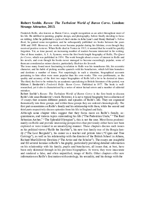 (DOC) Review of Robert Scoble's Raven: The Turbulent World of Baron Corvo