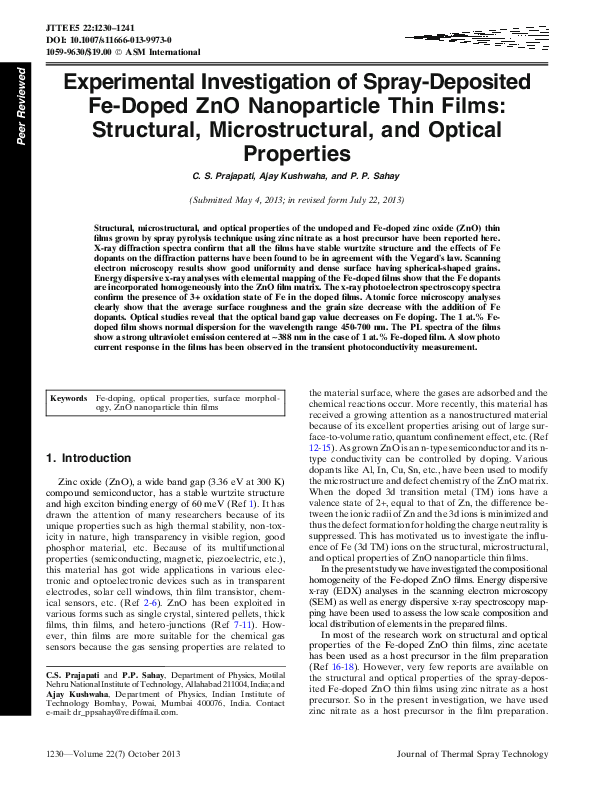 (PDF) Experimental Investigation of Spray-Deposited Fe-Doped ZnO Nanoparticle Thin Films ...