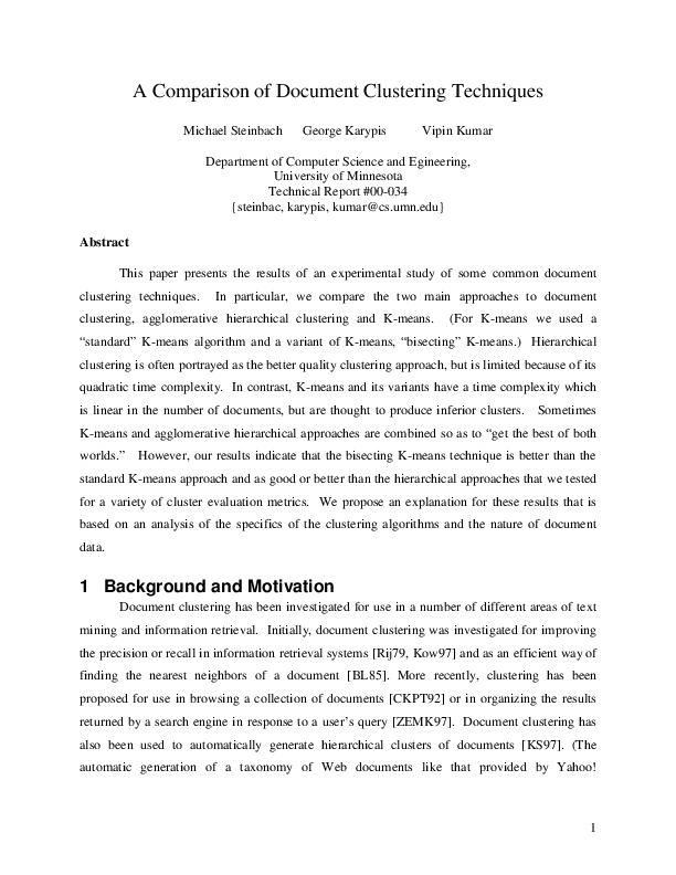 (PDF) A Comparison of Document Clustering Techniques