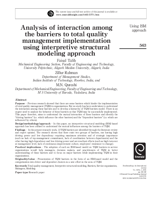 (PDF) Analysis of interaction among the barriers to total quality management implementation ...