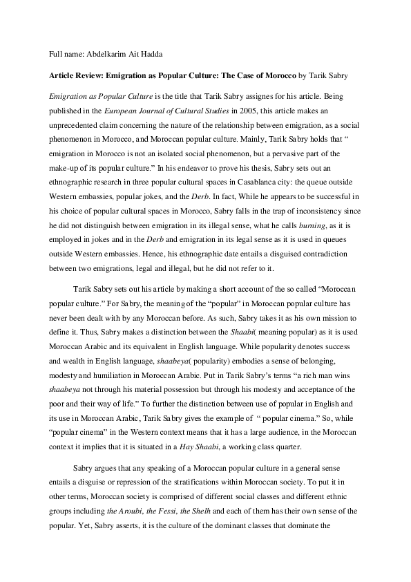 (DOC) Review of "Emigration as popular Culture" by Tarik Sabry