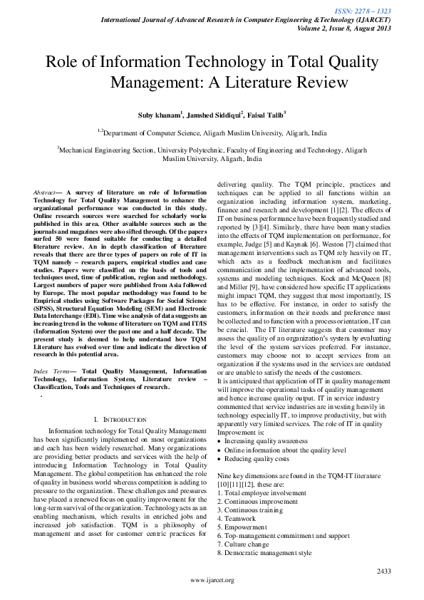 (PDF) Role of Information Technology in Total Quality Management: A ...