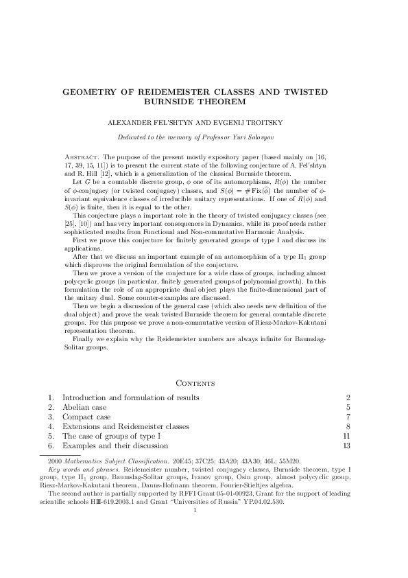(PDF) Geometry of Reidemeister classes and twisted Burnside theorem ...