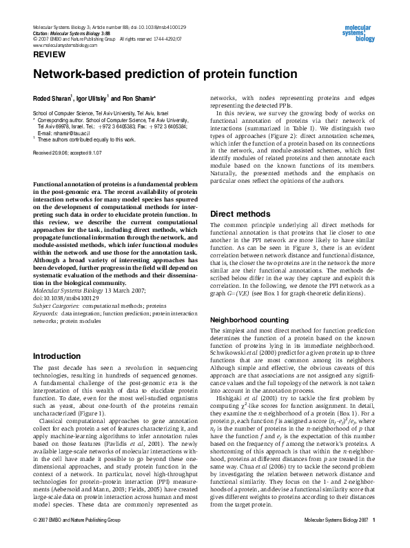 Pdf Network Based Prediction Of Protein Function