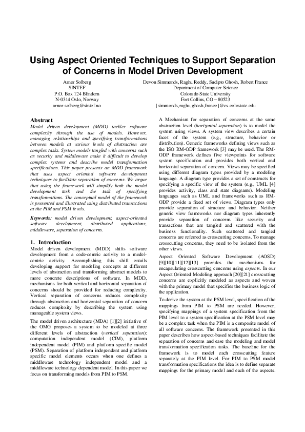 Pdf Using Aspect Oriented Techniques To Support Separation Of Concerns In Model Driven