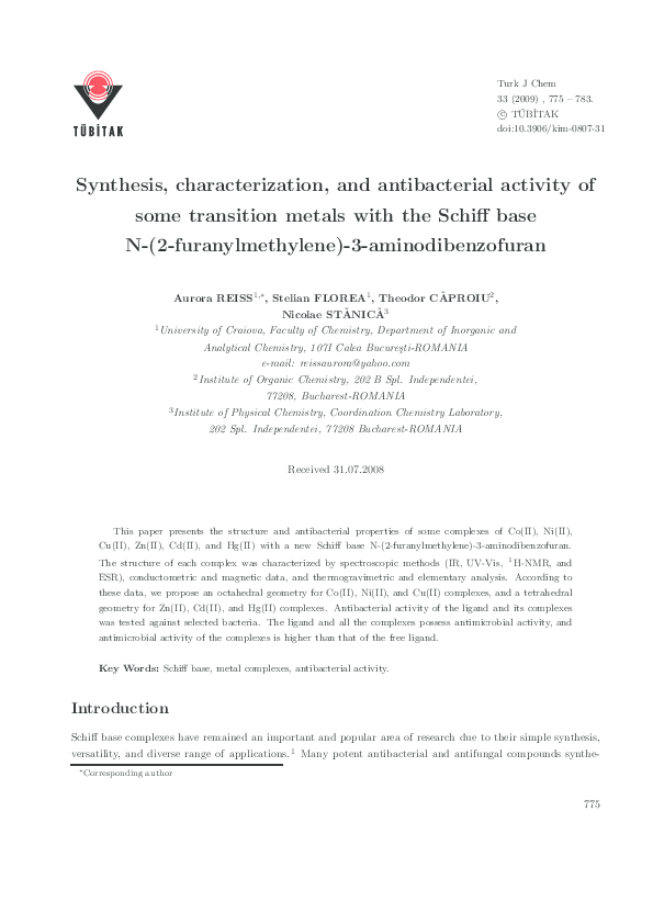 (PDF) Synthesis, characterization, and antibacterial activity of some transition metals with the ...