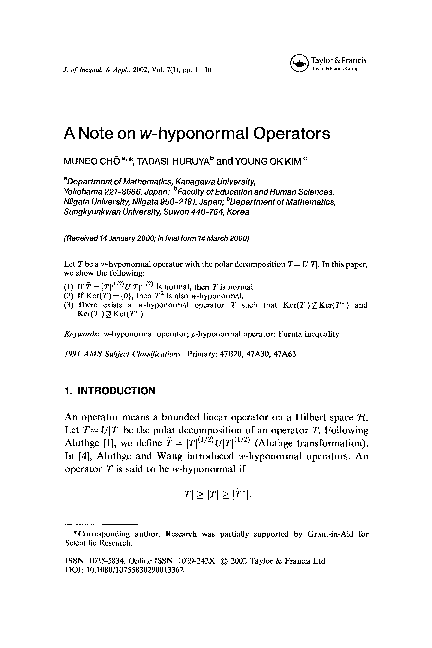 (PDF) A Note on w-hyponormal Operators
