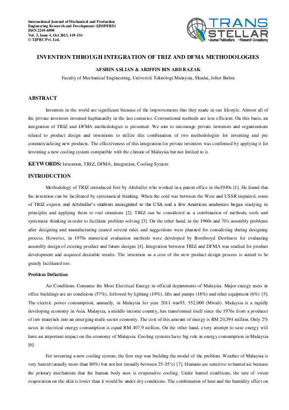 (PDF) INVENTION THROUGH INTEGRATION OF TRIZ AND DFMA METHODOLOGIES