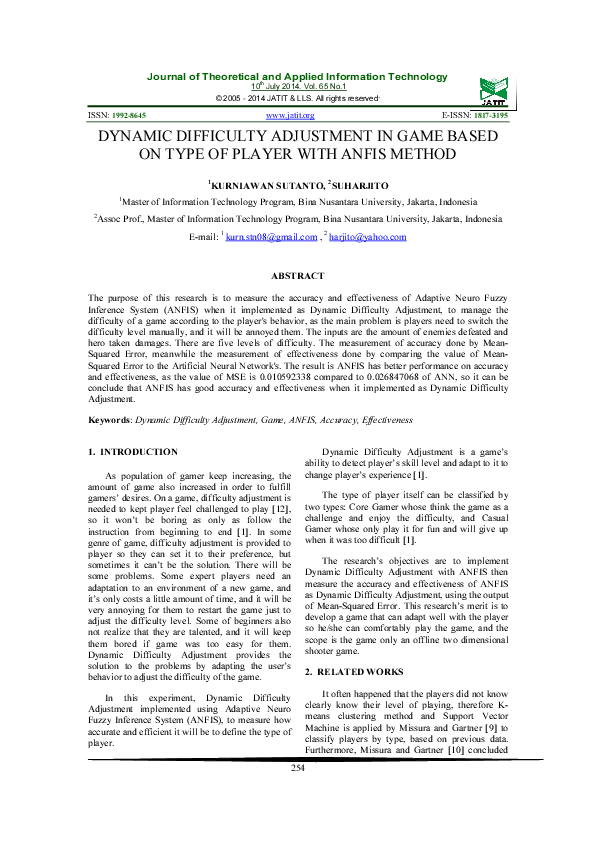 Pdf Dynamic Difficulty Adjustment In Game Based On Type Of Player With Anfis Method