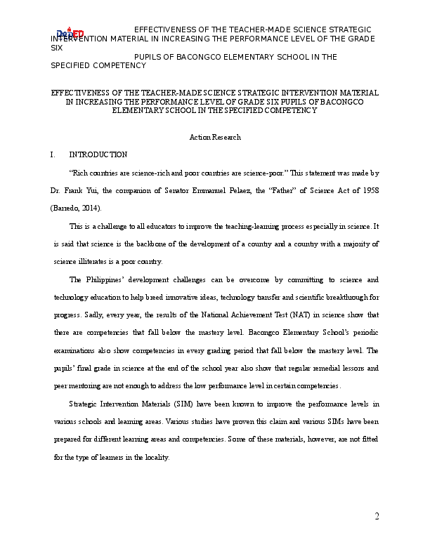 (DOC) EFFECTIVENESS OF THE TEACHER-MADE SCIENCE STRATEGIC INTERVENTION ...