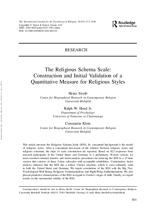 Pdf The Religious Schema Scale Construction And Initial Validation
