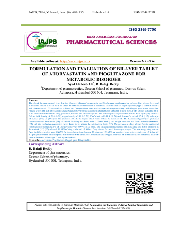Pdf Formulation And Evaluation Of Bilayer Tablet Of Atorvastatin And Pioglitazone For