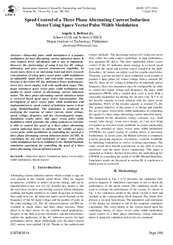 Pdf Speed Control Of A Three Phase Alternating Current Induction Motor Using Space Vector