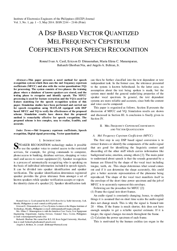 Pdf A Dsp Based Vector Quantized Mel Frequency Cepstrum Coefficients For Speech Recognition