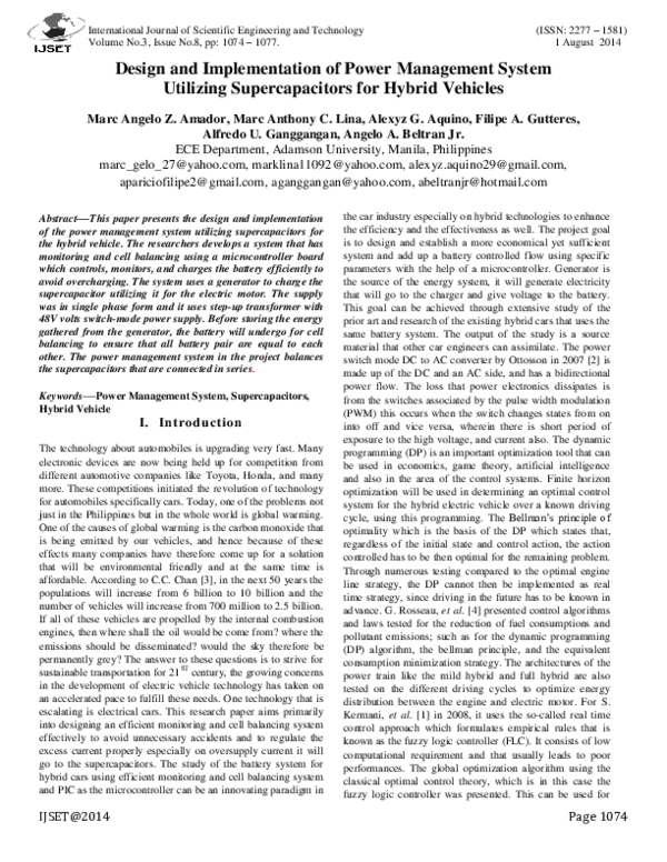 Design And Implementation Of Power Management System Utilizing Supercapacitors For Hybrid Vehicles