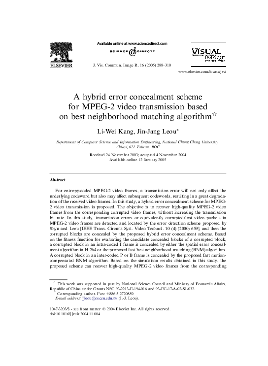 Pdf A Hybrid Error Concealment Scheme For Mpeg2 Video Transmission Based On Best Neighborhood 