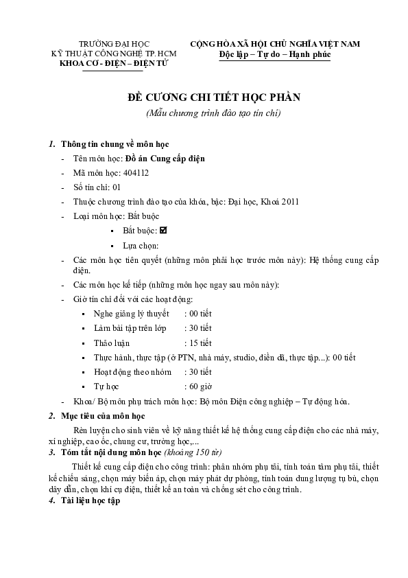 (DOC) K THU T CÔNG NGH TP. HCM KHOA CƠ -ĐIỆN – ĐIỆN TỬ C NG HÒA XÃ H I CH NGHĨA VI T NAM Đ c l p ...