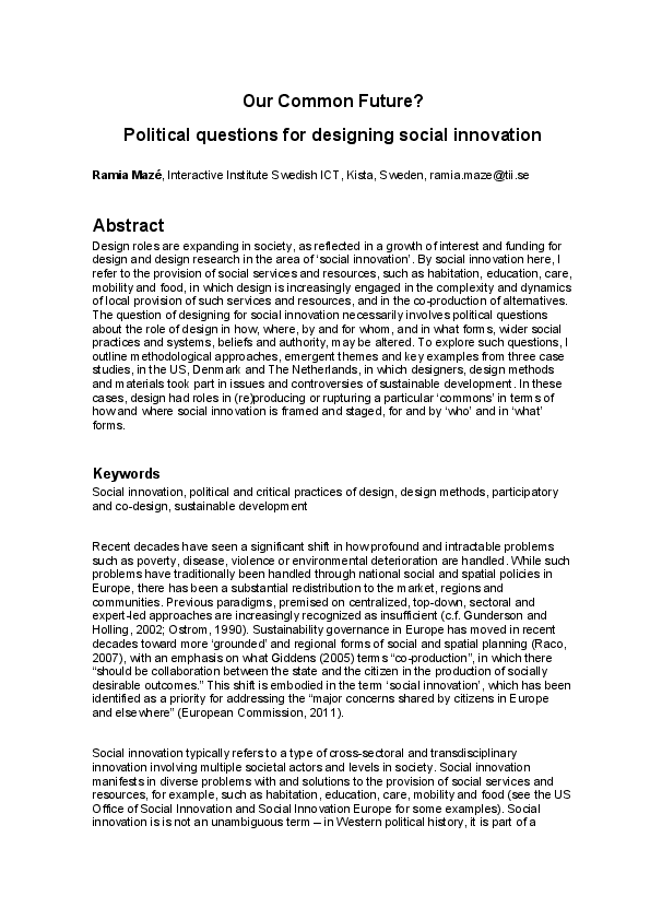 (PDF) Our Common Future? Political Questions for Designing Social Innovation