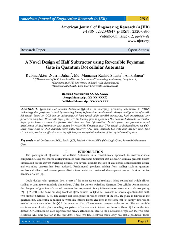 (PDF) A Novel Design of Half Subtractor using Reversible Feynman Gate in Quantum Dot cellular ...