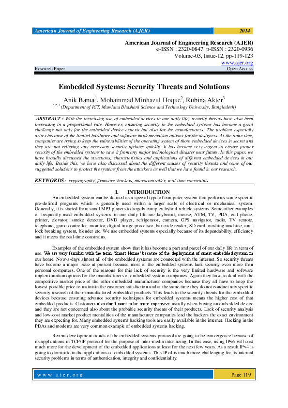 (PDF) Embedded Systems: Security Threats and Solutions