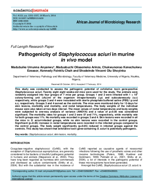 (PDF) Pathogenicity of Staphylococcus sciuri in murine in vivo model