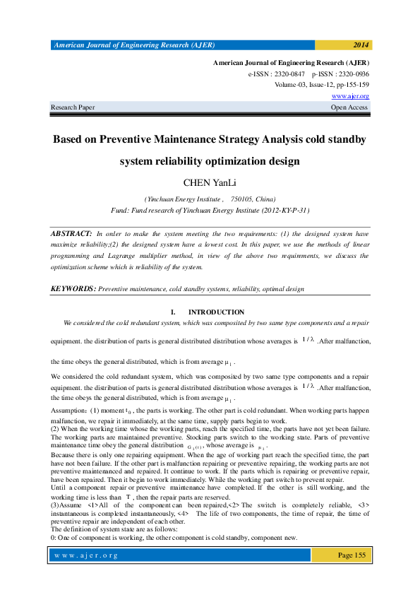 (PDF) Based on Preventive Maintenance Strategy Analysis cold standby system reliability ...