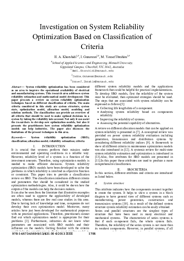Investigation On System Reliability Optimization Based On Classification Of Criteria