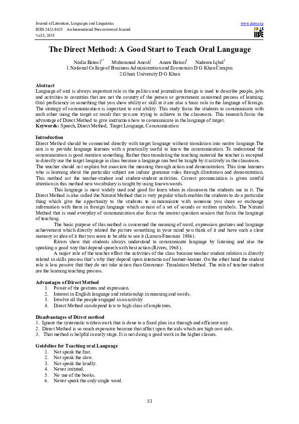 (PDF) The Direct Method A Good Start to Teach Oral Language