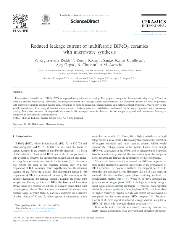 (PDF) Reduced leakage current of multiferroic BiFeO3 ceramics with ...