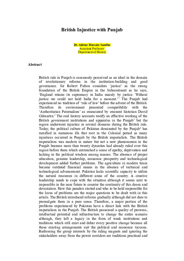 (DOC) British Injustice with Punjab