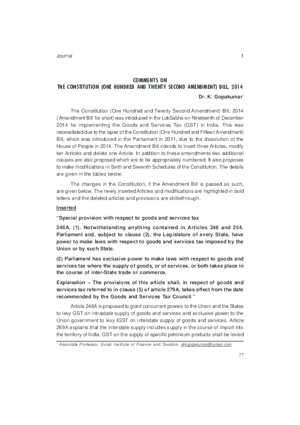 (PDF) Comments on the Constitution (One Hundred and Twenty Second ...