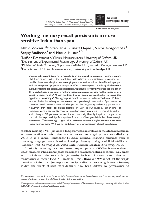 Pdf Working Memory Recall Precision Is A More Sensitive Index Than Span